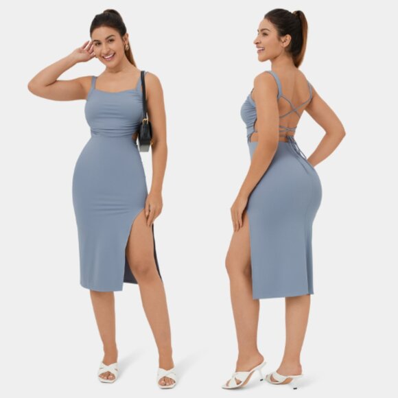 HALARA | Dresses | New Halara Ruched Backless Crisscross Lace Up Split ...